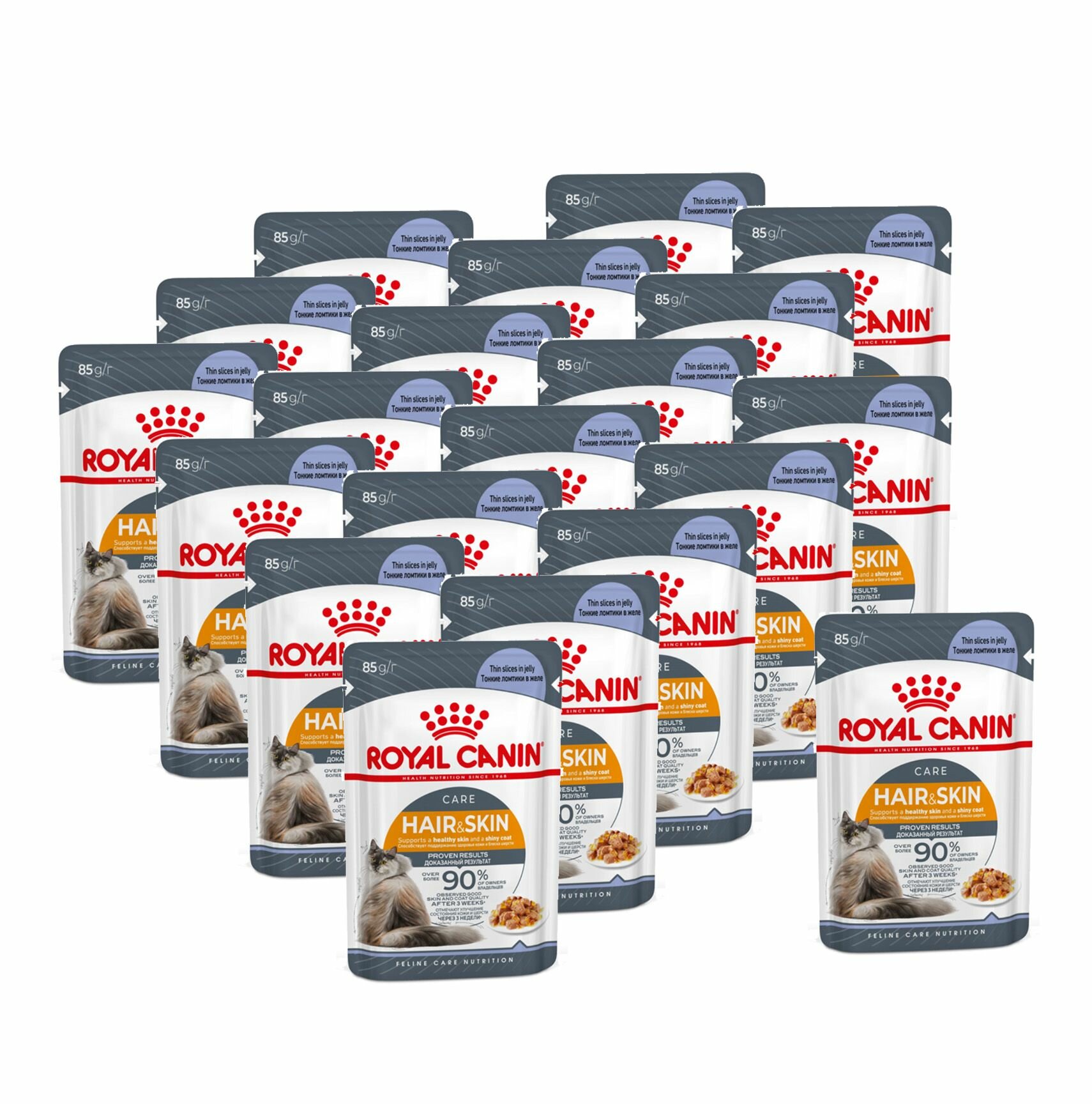 Royal Canin Hair&Skin Care влажный корм для взрослых кошек, для поддержания здоровья кожи и красоты шерсти, тонкие ломтики в желе, в паучах - 85 г х 20 шт.