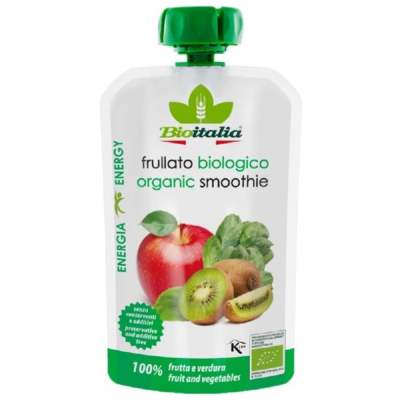 Пюре BIOITALIA из яблока, киви и шпината (смузи) /дой-пак/ 120г