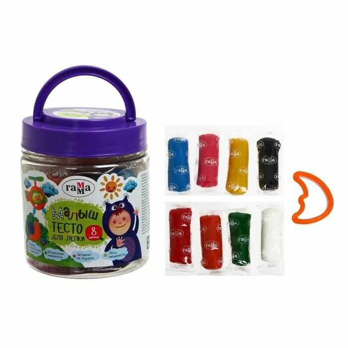Тесто для лепки Гамма "Малыш", 8 цветов, 200 г, формочка, пластиковая банка с ручкой (211218_04)