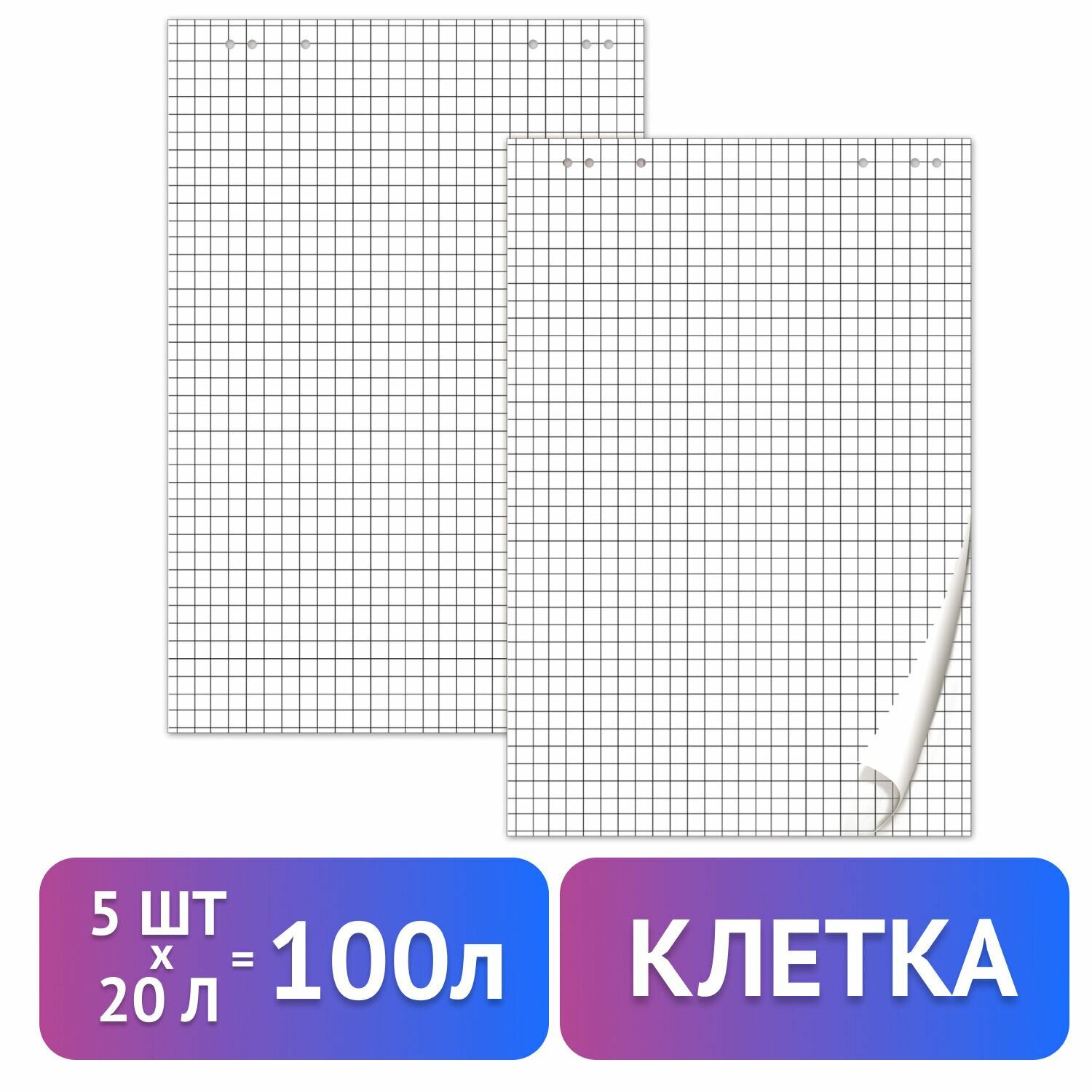 Блокноты для флипчарта Brauberg комплект 5 штук, 20 листов, клетка, 67,5х98 см, 80 г/м (124097)