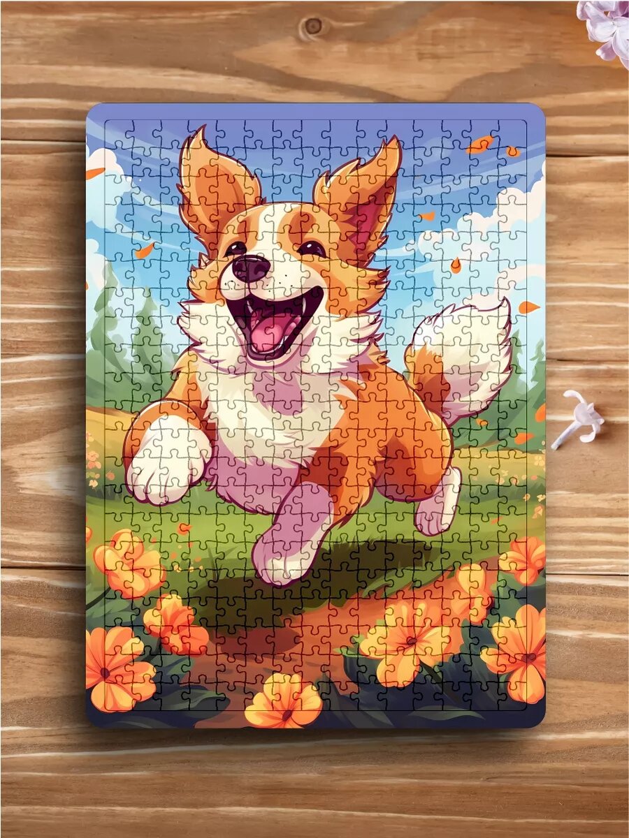 Деревянный пазл в подарок "Корги на прогулке"