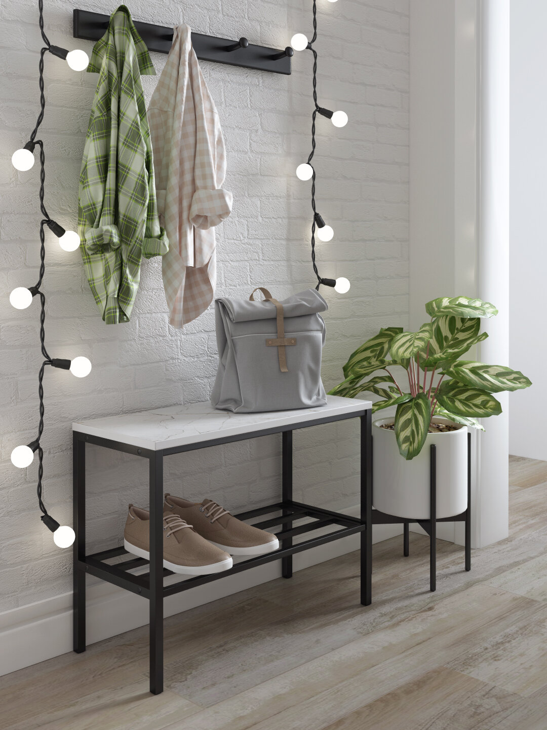 Банкетка в прихожую в стиле лофт белый мрамор/черный