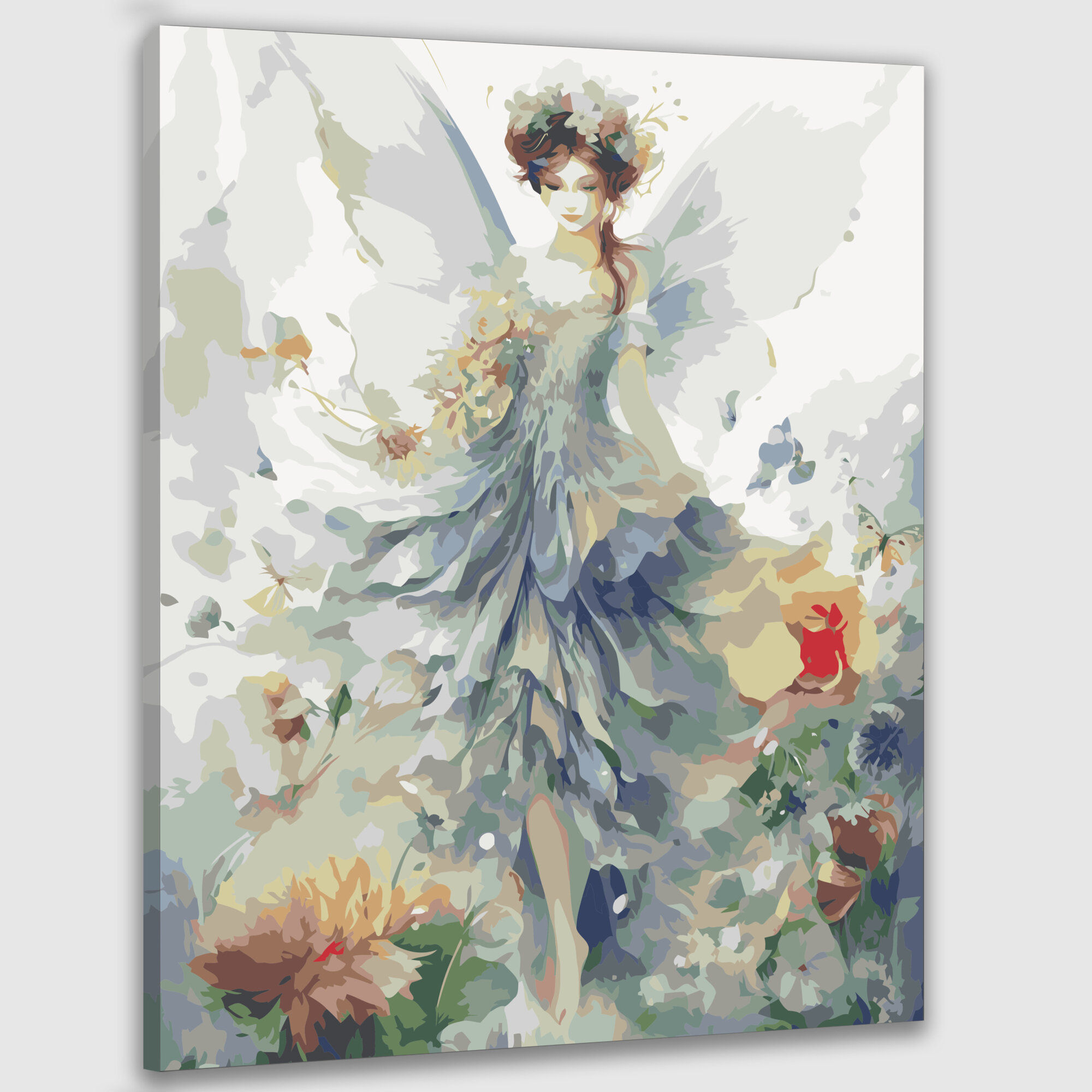 Картина по номерам 40x50 см, фея, радужные крылья, сад цветов, зеленая листва, акварельная картина, природа