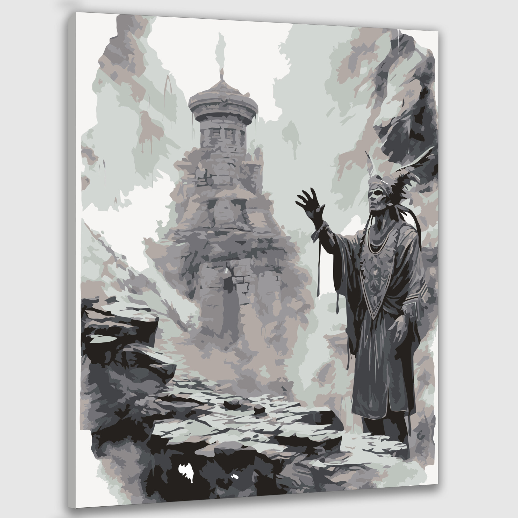 Картина по номерам 40x50 см, мудрый шаман, тушь, скалистый утес, древние руины, туман, мистическая аура