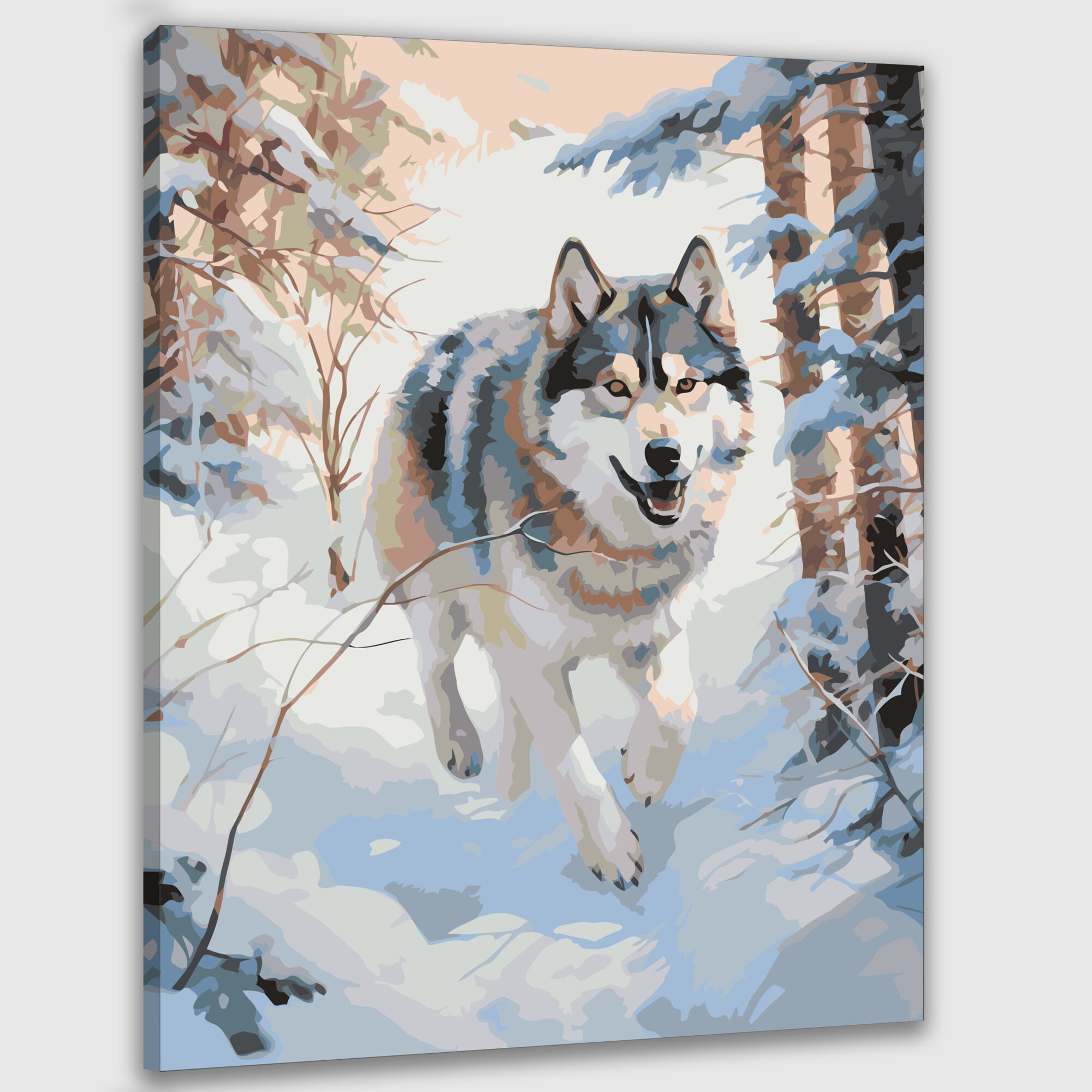 Картина по номерам 40x50 см, хаски, пейзаж, фотография, бегущая, заснеженный лес, мягкий ветерок, шелестящая шерсть