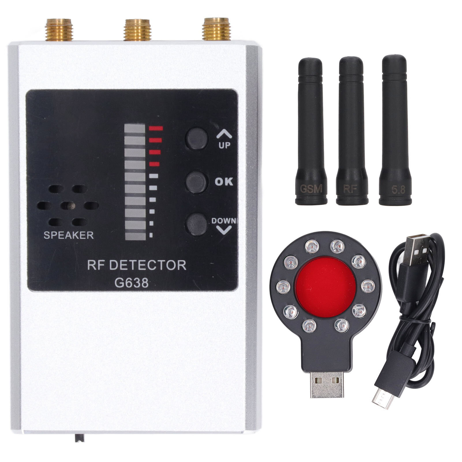 Многофункциональный детектор радиочастотных сигналов, сканер объектива камеры, датчик магнитного поля, тестер GPS-трекера со встроенным аккумулятором.