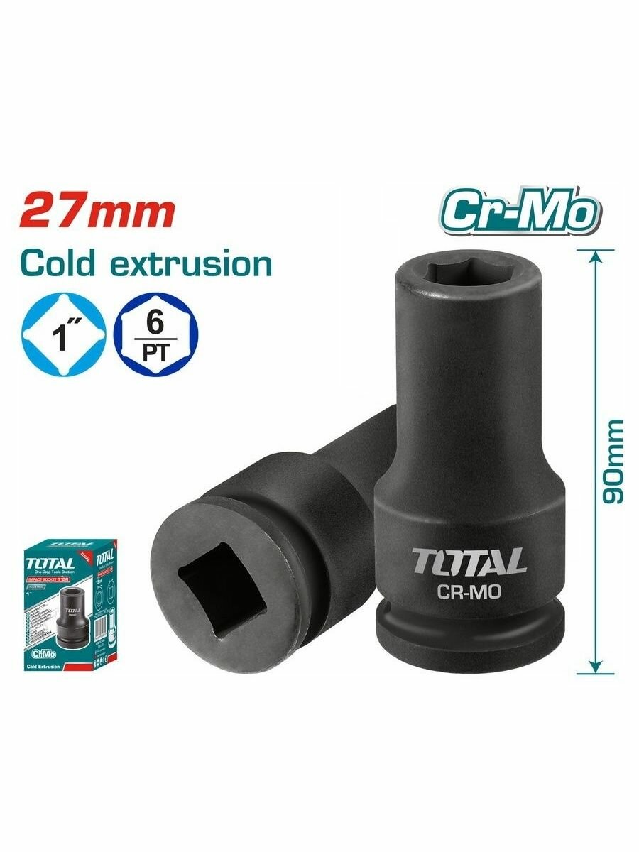 Головка торцевая ударная TOTAL THHISD0127L, 27х90 мм, 1", шестигранная, хром-молибден