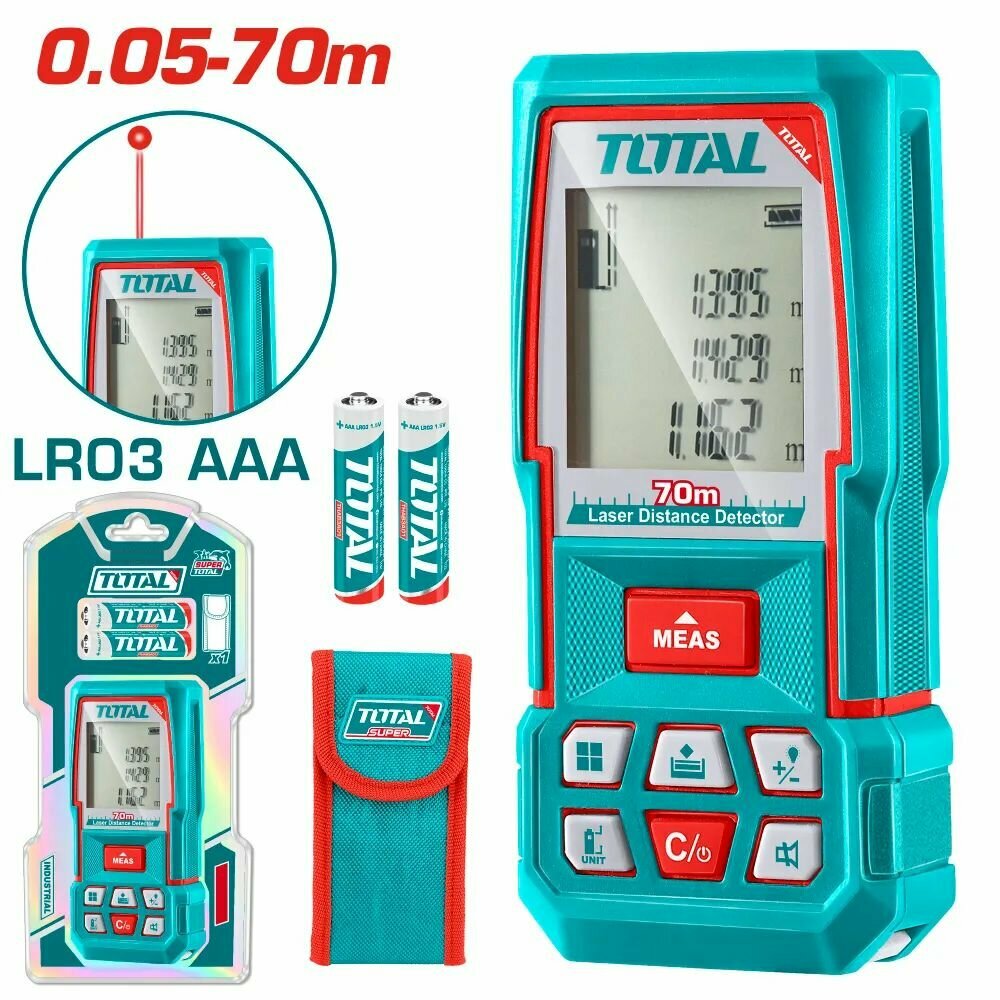 Лазерный дальномер TOTAL TMT57026, точность ±2мм, 0,05-70м, бирюзовый