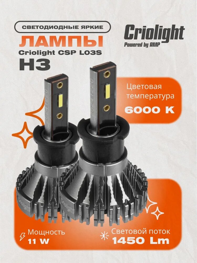 Лампы автомобильные AMP CSP L03s / Светодиодные авто Led лампы H3 / белый свет, 2шт