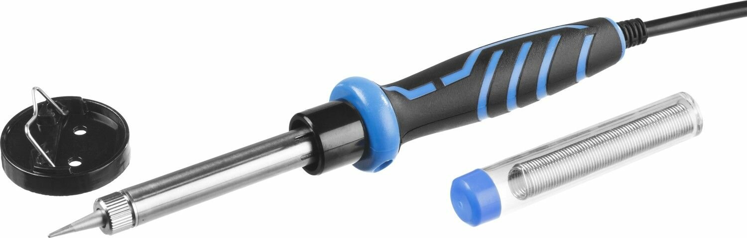 Электропаяльник ЗУБР 60 Вт, в наборе припой, подставка, 2к рукоятка, конус, керамический нагреватель, Профессионал