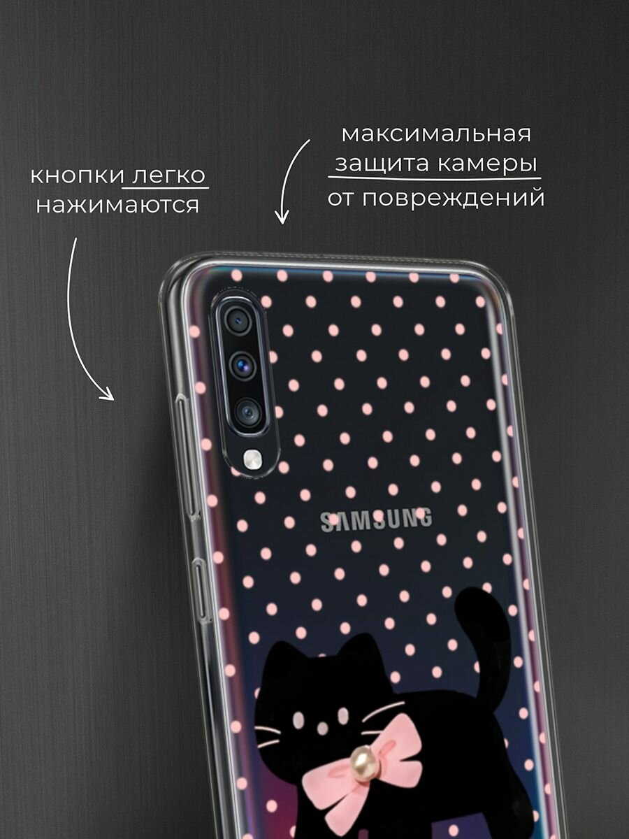 Чехол на Samsung Galaxy A70 / Самсунг Галакси А70 с принтом Черный котик с бантом, прозрачный — фото 1