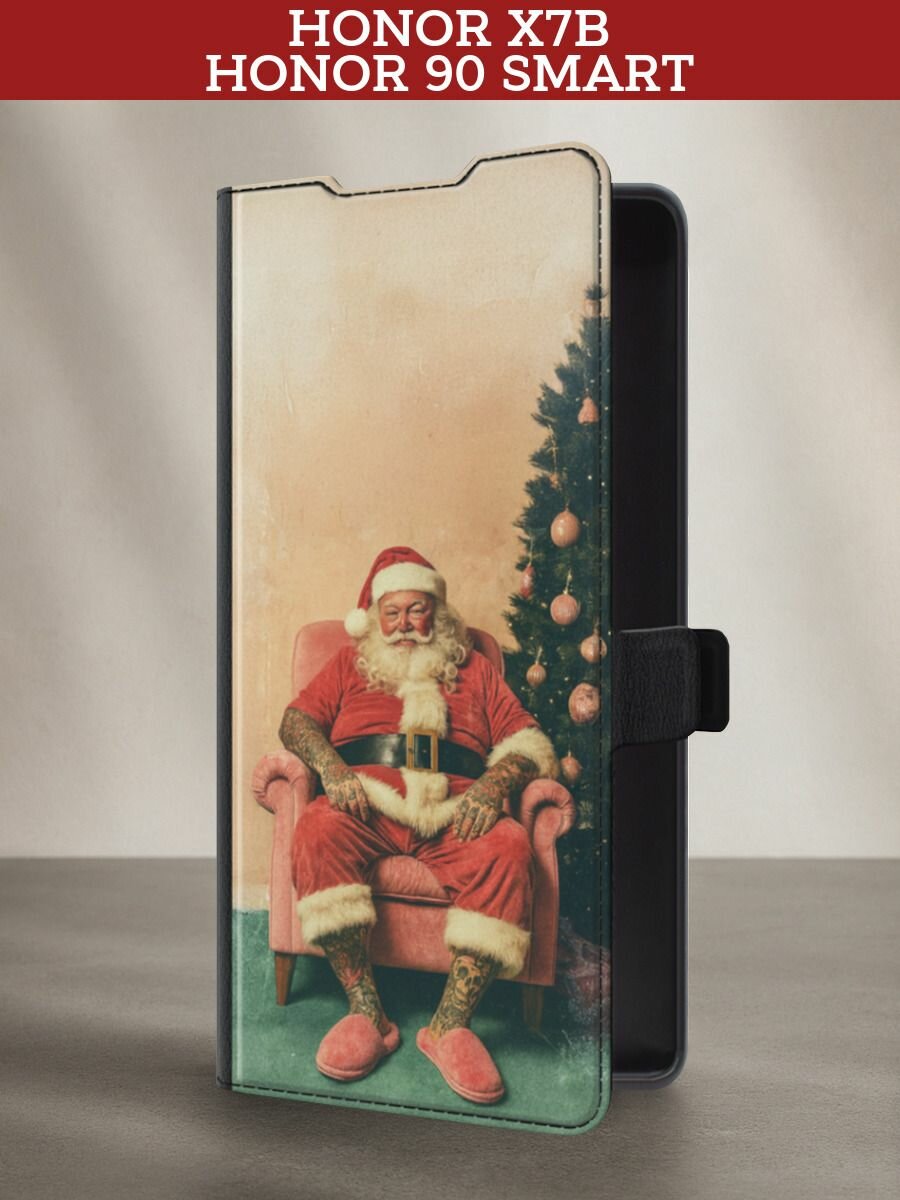 Чехол-книжка на Honor X7b/90 Smart / Хонор X7B/90 Смарт с рисунком Крутой Дед-Мороз, черный