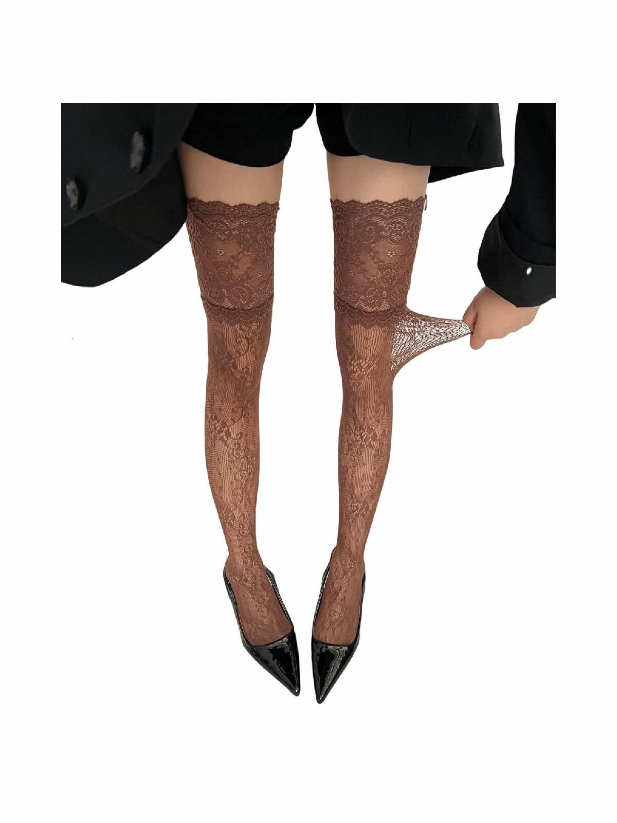 Чулки до бедра с цветочным узором, Кофейный цвет