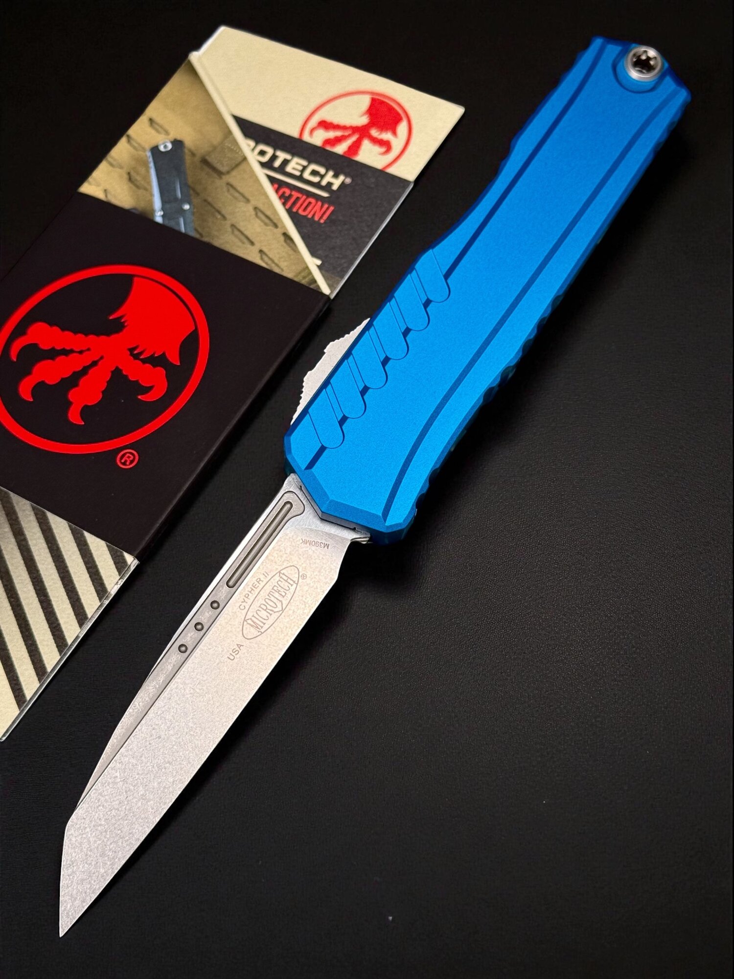 Складной нож MicroTech MCT124110BL Cypher II, StoneWash Blade, Blue Handle