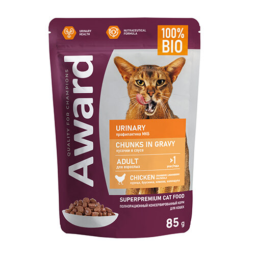 Для Профилактики МКБ Кусочки влажный корм паучи авард для взрослых кошек с Курицей в соусе (цена за упаковку) 85г х 24шт