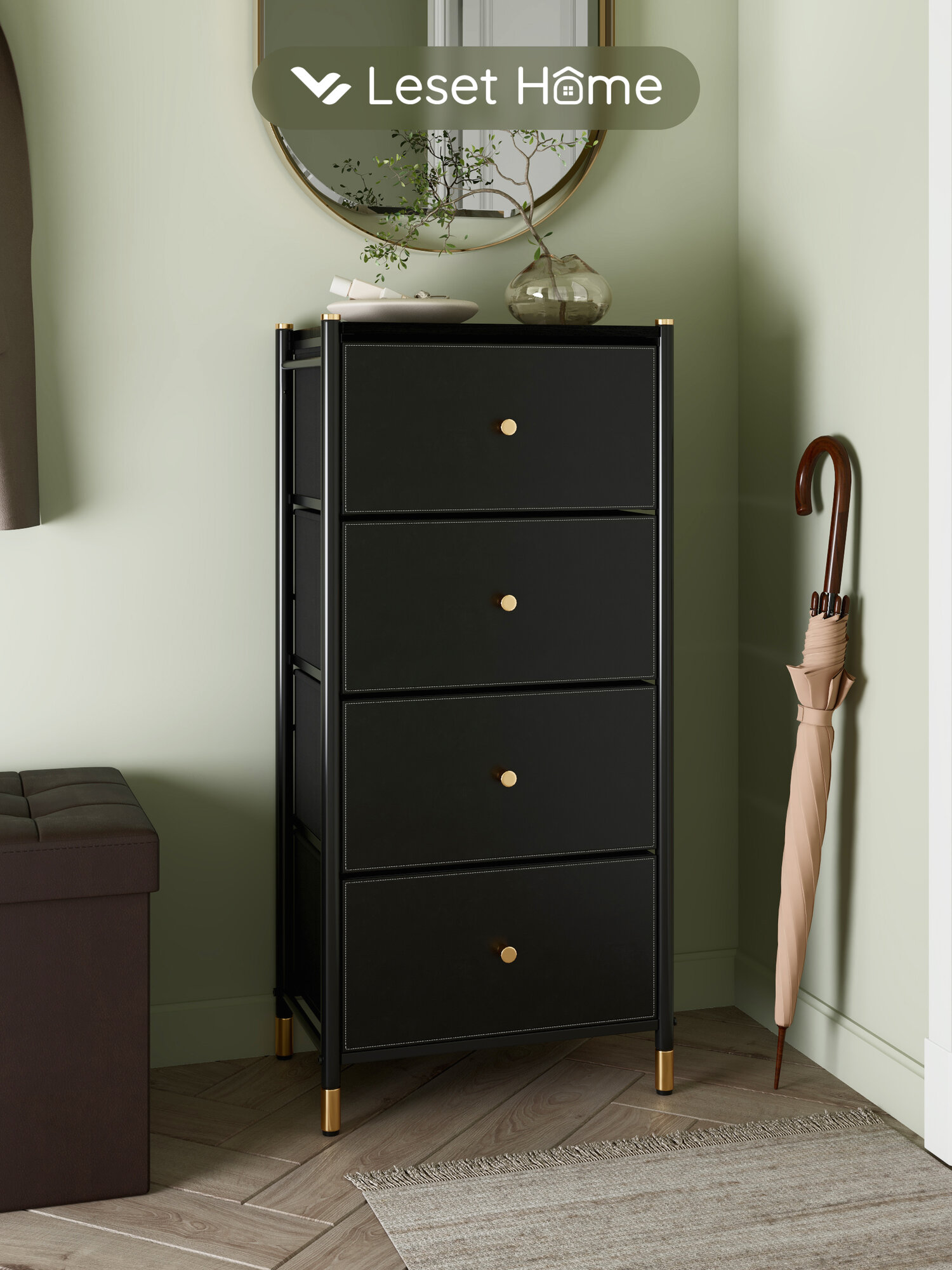Комод Leset Нирита, 4 ящика, комод в прихожую, спальню, ванную, каркас металлический Чёрный, фасад экокожа