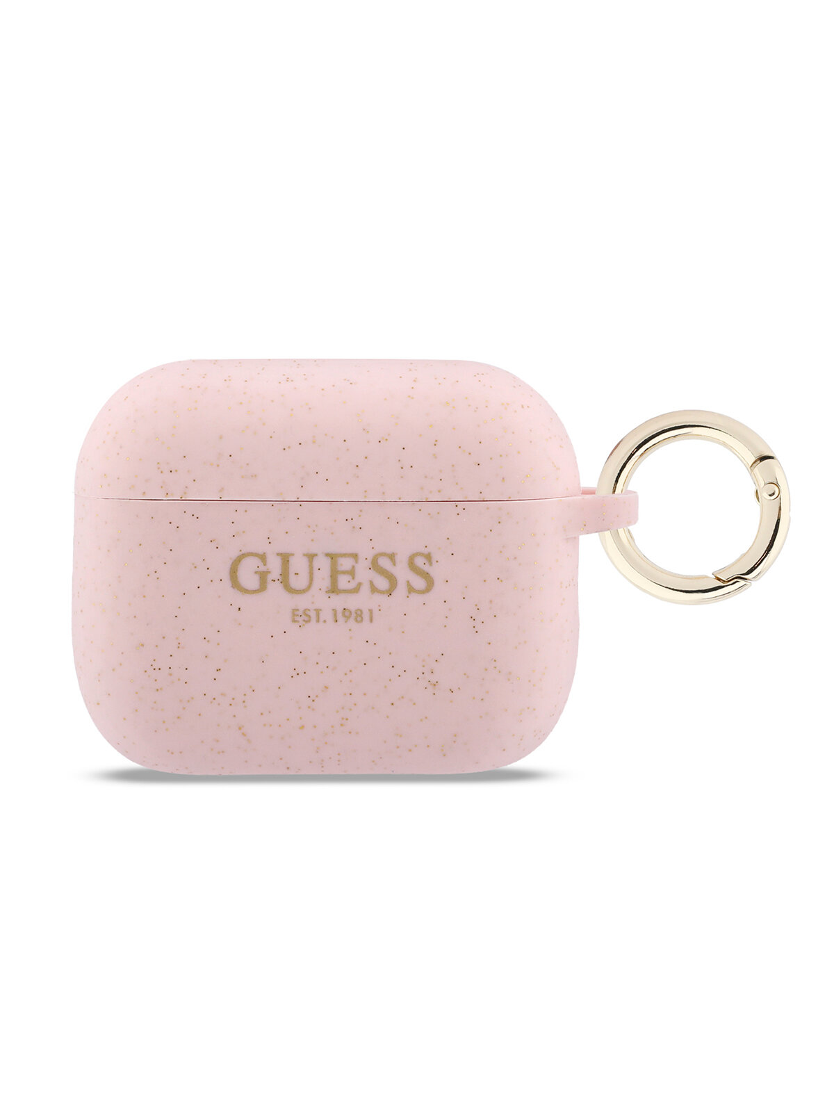 Чехол Guess для Airpods Pro 3, силиконовый с вкраплением блесток, с кольцом-карабином, розовый