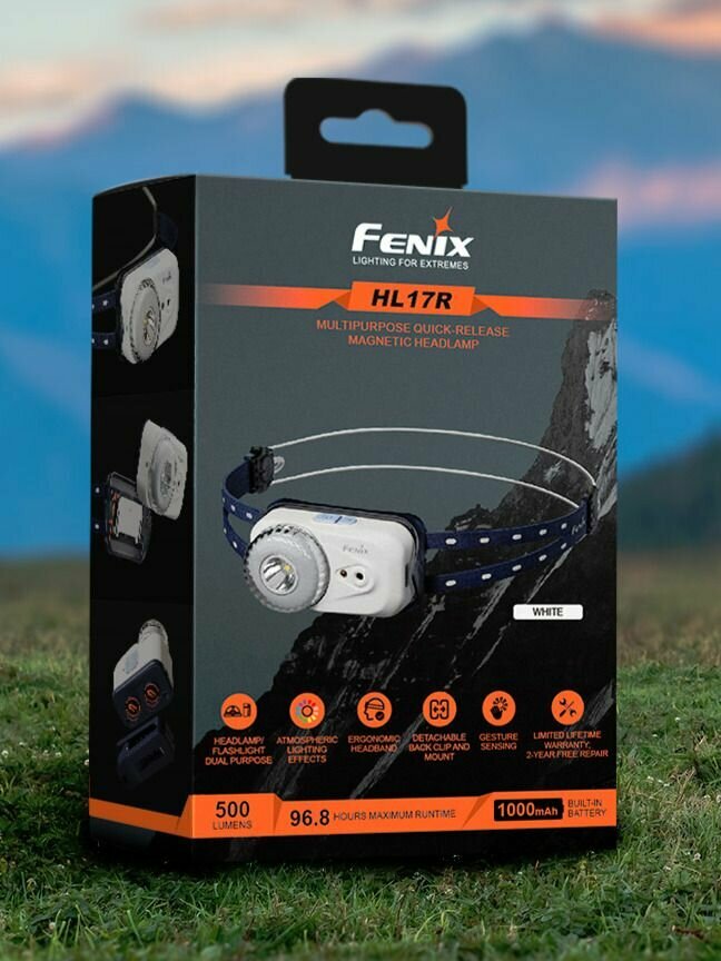Фонарь Fenix HL17R белый, 500 люмен, дальний, ближний и красный свет, до 100 метров луч, до 96 часов в эко режиме, включение взмахом, магнитное крепление, клипса, Type-C