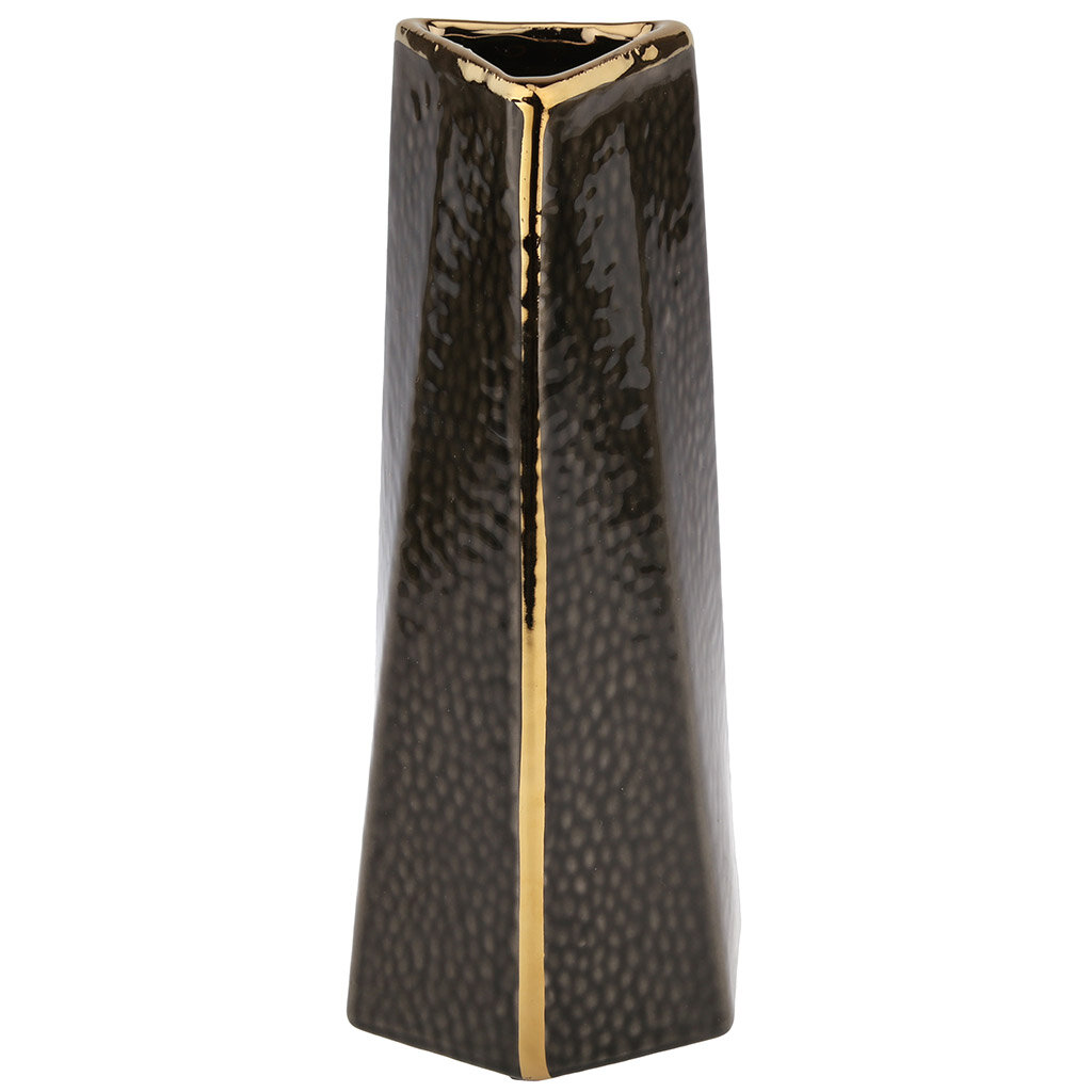 Ваза КНР керамическая "Призма" 0,8л, 9,5х10,5 см, h 24,7 см, тонкокаменная керамика, горло - 6,7х6,7х6,7 см, глянцевая глазурь, кракле, цвет - темно-серый, с золотом (HY3379A)