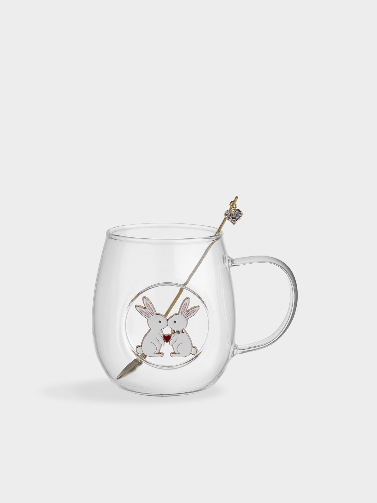 Кружка, 470 мл, с ложкой, стекло Б/металл, Белые кролики, Lux elements, Kuchenland