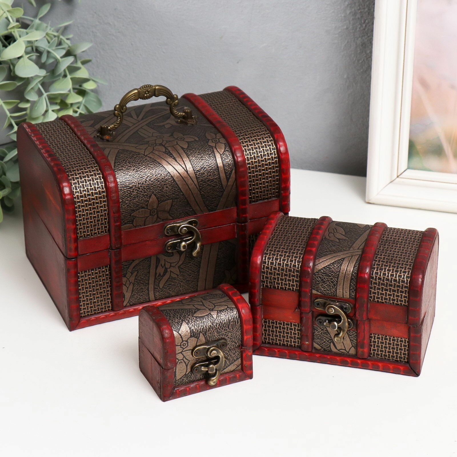 Набор шкатулок для украшений "Сундучок. Листва", дерево, 3 шт.