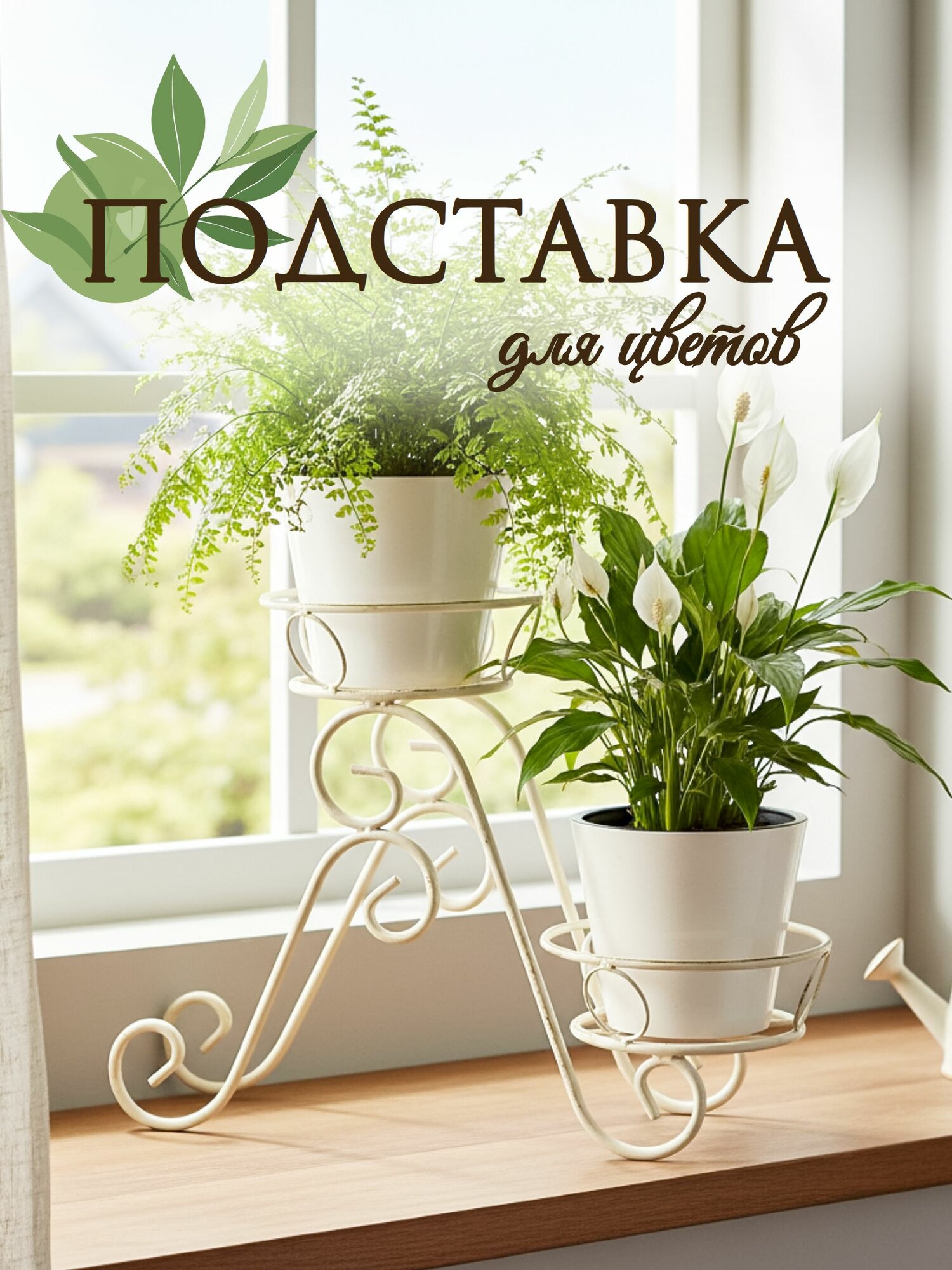 Металлическая подставка для цветов на подоконник, для 2 горшка, диаметр 19 см, белый золотой