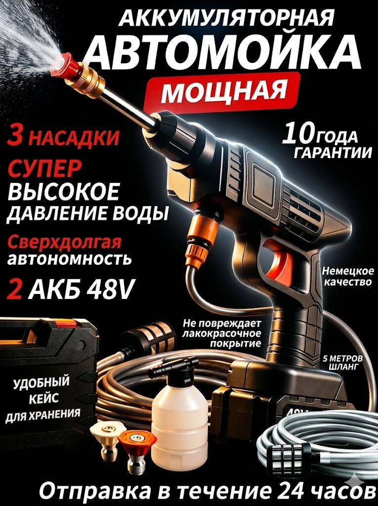 Мойка высокого давления аккумуляторная для автомобиля, Автомойка, в кейсе 2 аккумулятора, 3 насадки