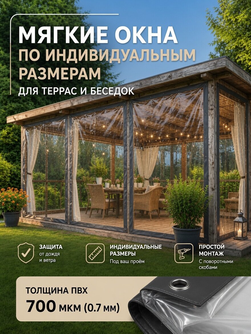 Мягкое окно ПВХ 700 мкм прозрачное полотно, серая окантовка, поворотное (открывающееся) для террасы, веранды, беседки (Ш)100*(В)120