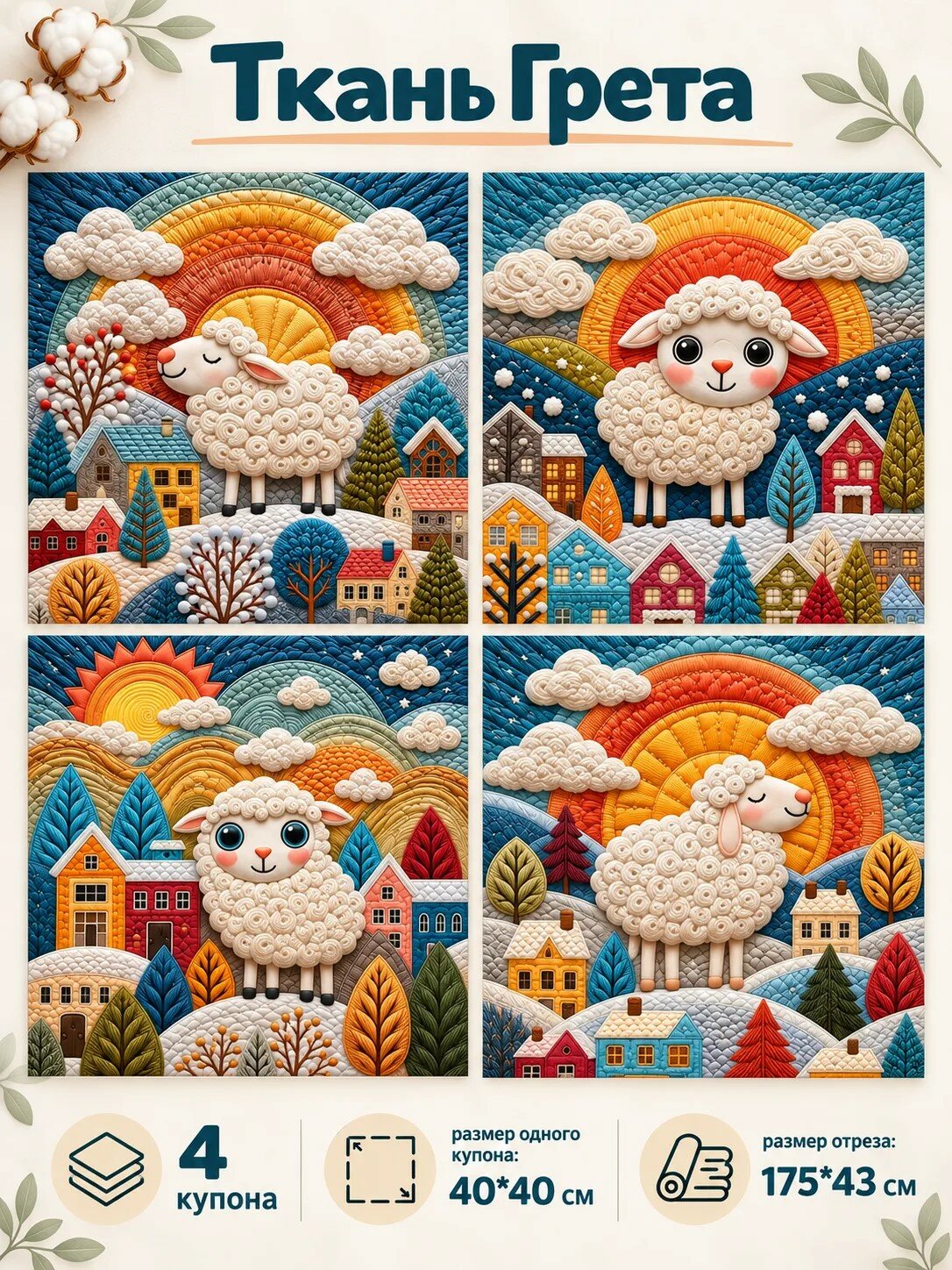 Ткань Грета с хлопком, "Барашки в облаках" отрез 43*175см , 4 купона 40*40см