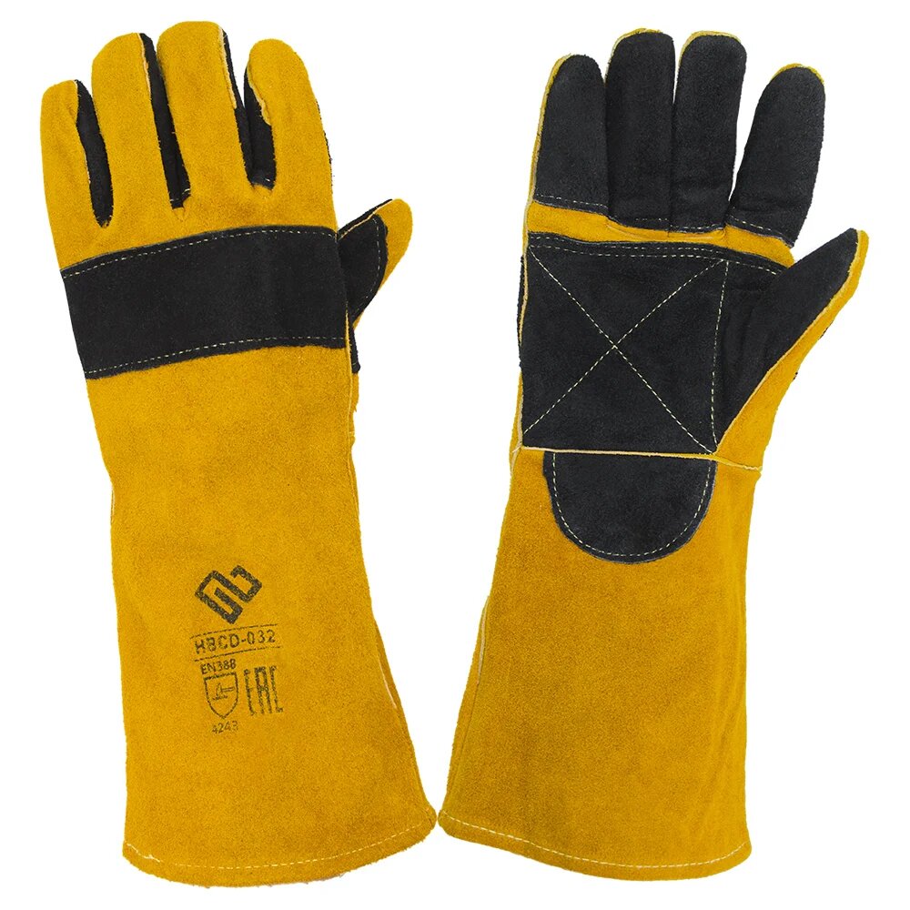 Краги сварщика спилковые пятипалые Оберон Титан HBCD-032, желтый/черный цвет, всесезонная защита, универсальный размер