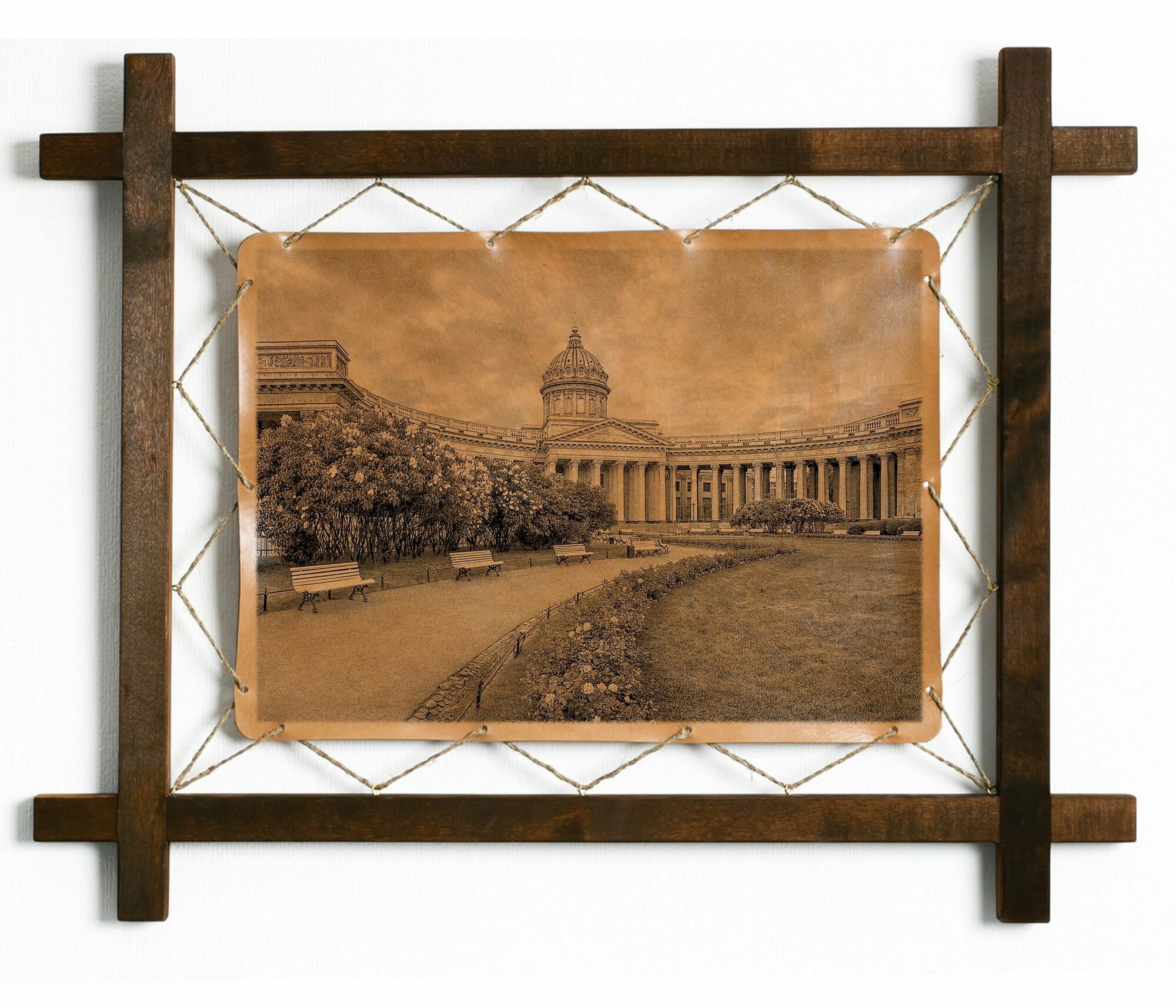 Картина интерьерная, натуральная кожа, "Казанский собор, Санкт-Петербург", в деревянной раме, BoomGift