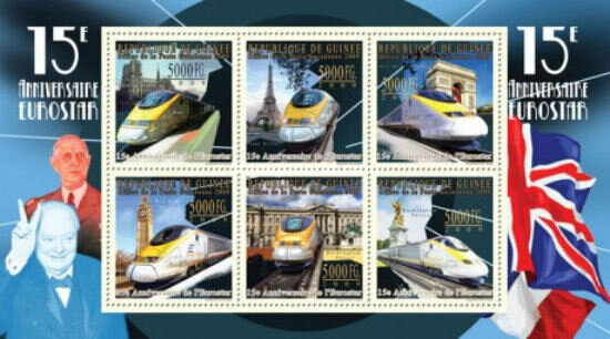 Почтовые марки Гвинея 2009г. "Скоростные поезда - 15-летие Eurostar" Поезда MNH