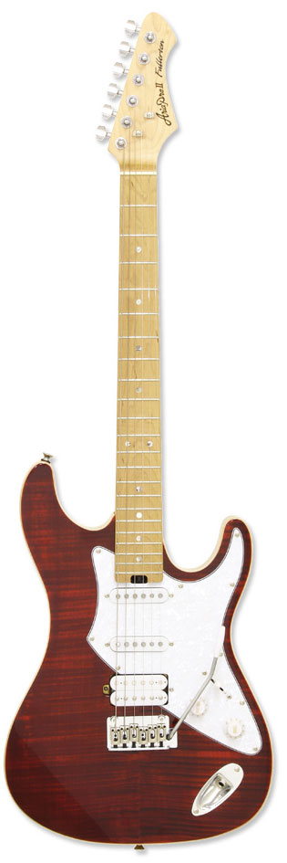 ARIA 714-MK2 RBRD - электрогитара, 22 лада . Форма корпуса: стратокастер. Корпус: тополь. Верхняя дека - огненный клен. Гриф: обоженный клен (винтовое крепление к корпусу) . Накладка грифа: обоженный клен. Звукосниматели: OS-5 Single coil x 2, CPH-1 Humbu