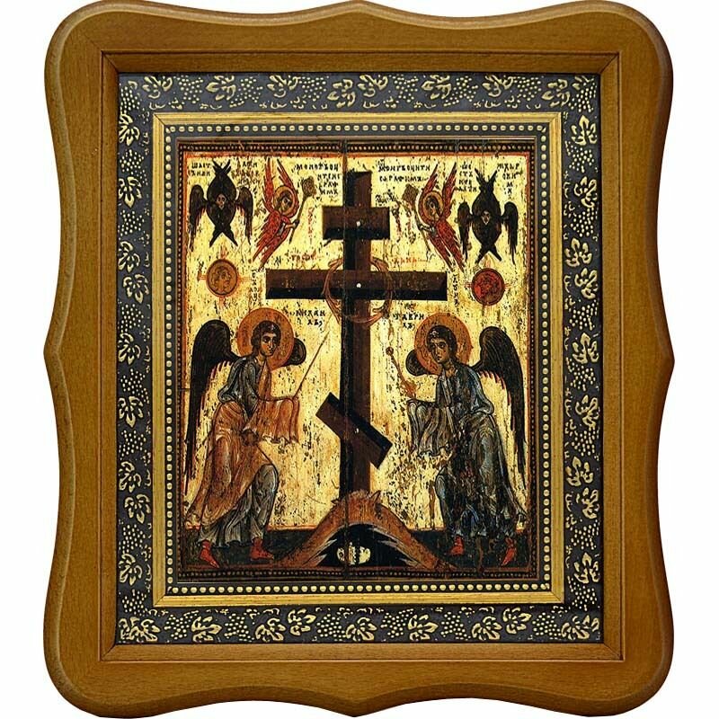 Поклонение Кресту ( Прославление Креста). Икона на холсте. (15 х 18 см / В фигурном киоте)