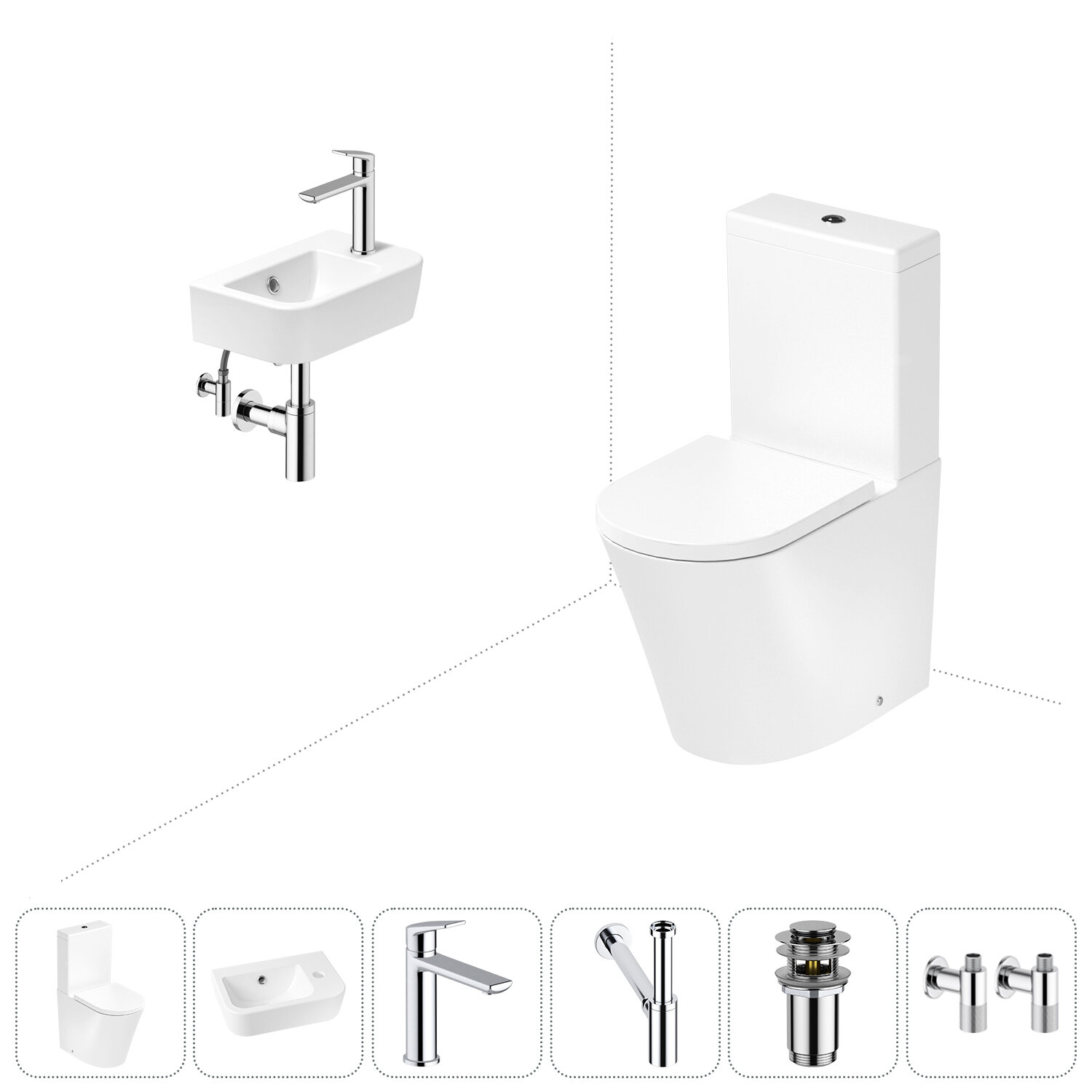 Унитаз-компакт Lavinia Boho Biore Rimless 202008580 в наборе 6 в 1: безободковый напольный унитаз с бачком и сиденьем микролифт, раковина, донный клапан, сифон, смеситель, вентили 2 шт (цвет набора хром)