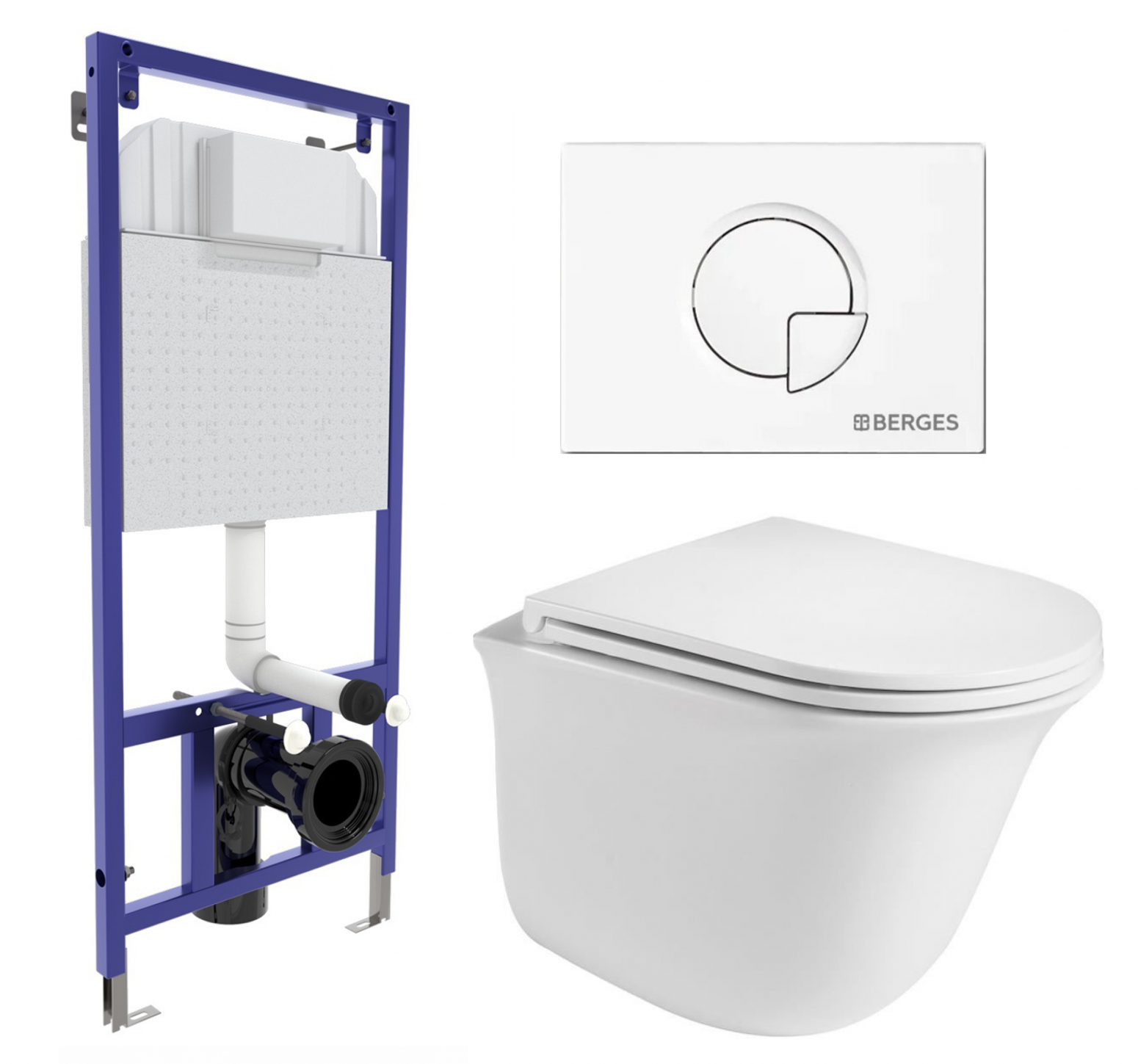 Комплект 3 в 1 инсталляция Berges Wasserhaus Novum 040221 + Подвесной унитаз WeltWasser Telbach 004 GL-WT + кнопка белая