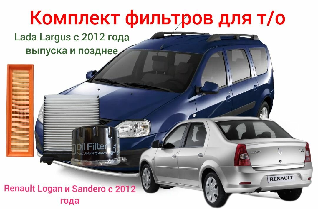 Комплект фильтров для ТО Renault Logan/Sandero 2012-, Lada Largus 2012- (фильтр масляный, воздушный прямоугольный, салонный с пластиком) двигатели Renault 1.4, 1.6 8V (K7M, K7J)