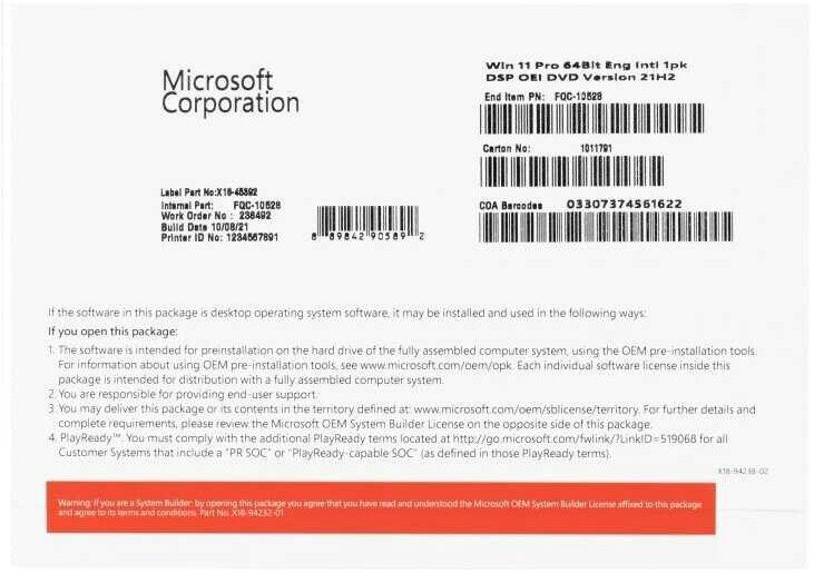 ABC Операционная система Microsoft Windows 11 Профессиональная 64Bit English 1pk DSP OEI DVD FQC-10528 (oem)