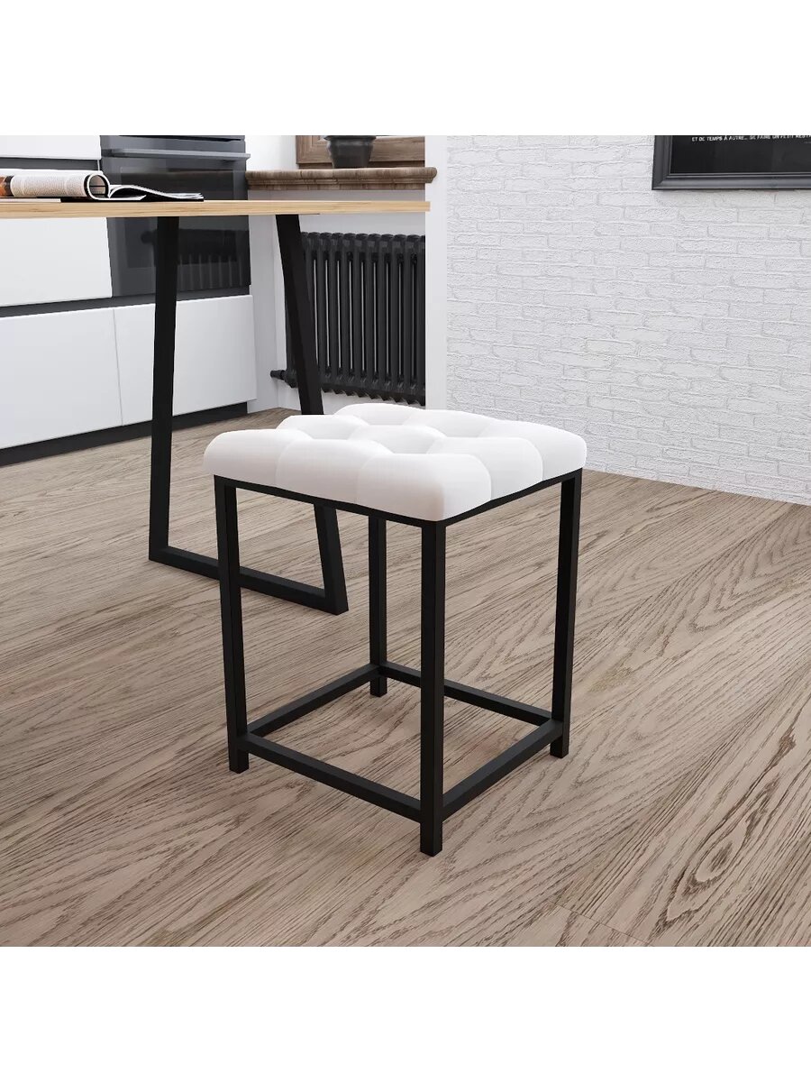 Табурет КМК в стиле Loft, металлический каркас, мягкое сиденье из велюра, цвет черный/белый