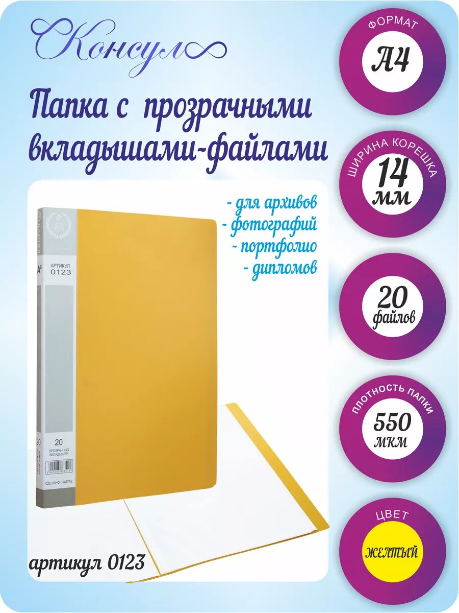 Папка с файлами А4 для документов, 20 вкладышей. Пластиковая