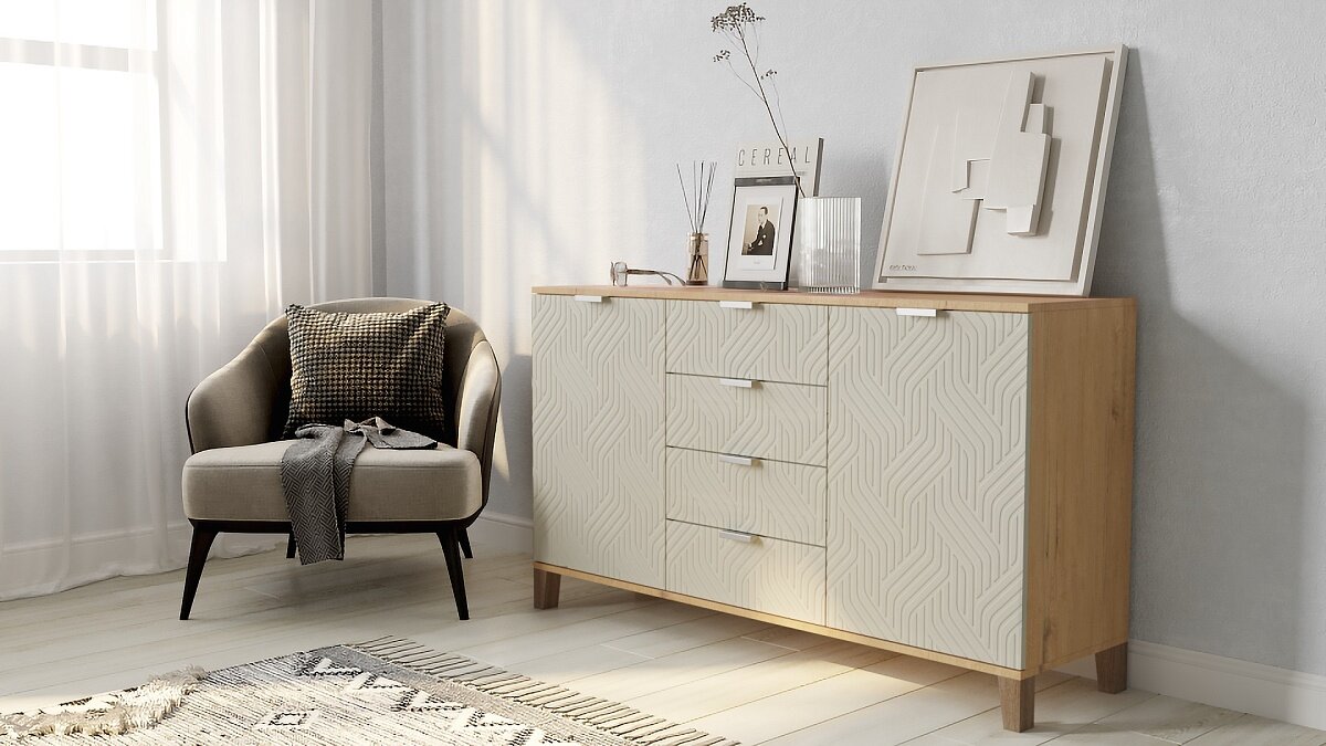 Комод МебельЛэнд24 Марвин Йорк - 25 Сантьяго 140x40x80 серый двухдверный с 4 ящиками