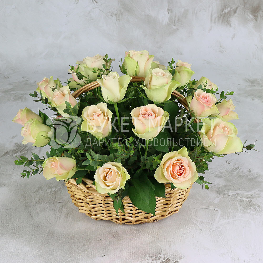 Монобукет из 25 кенийских роз, 30 см, в корзине, зелено-розовый