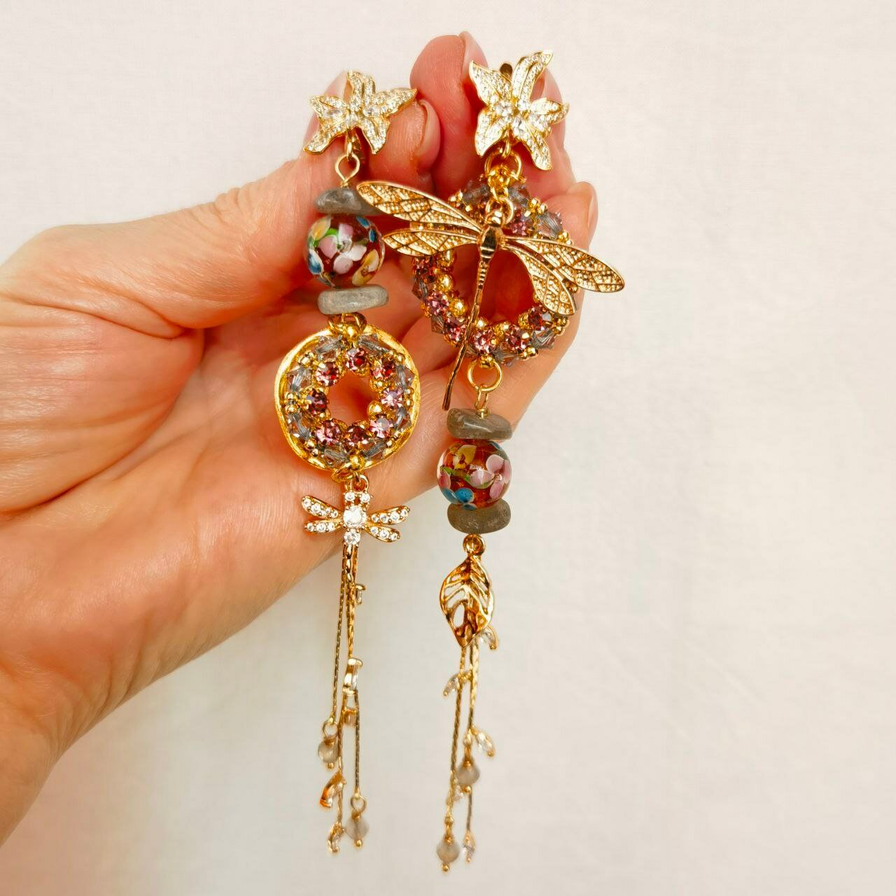 Серьги с подвесками, лабрадорит, кристаллы Swarovski