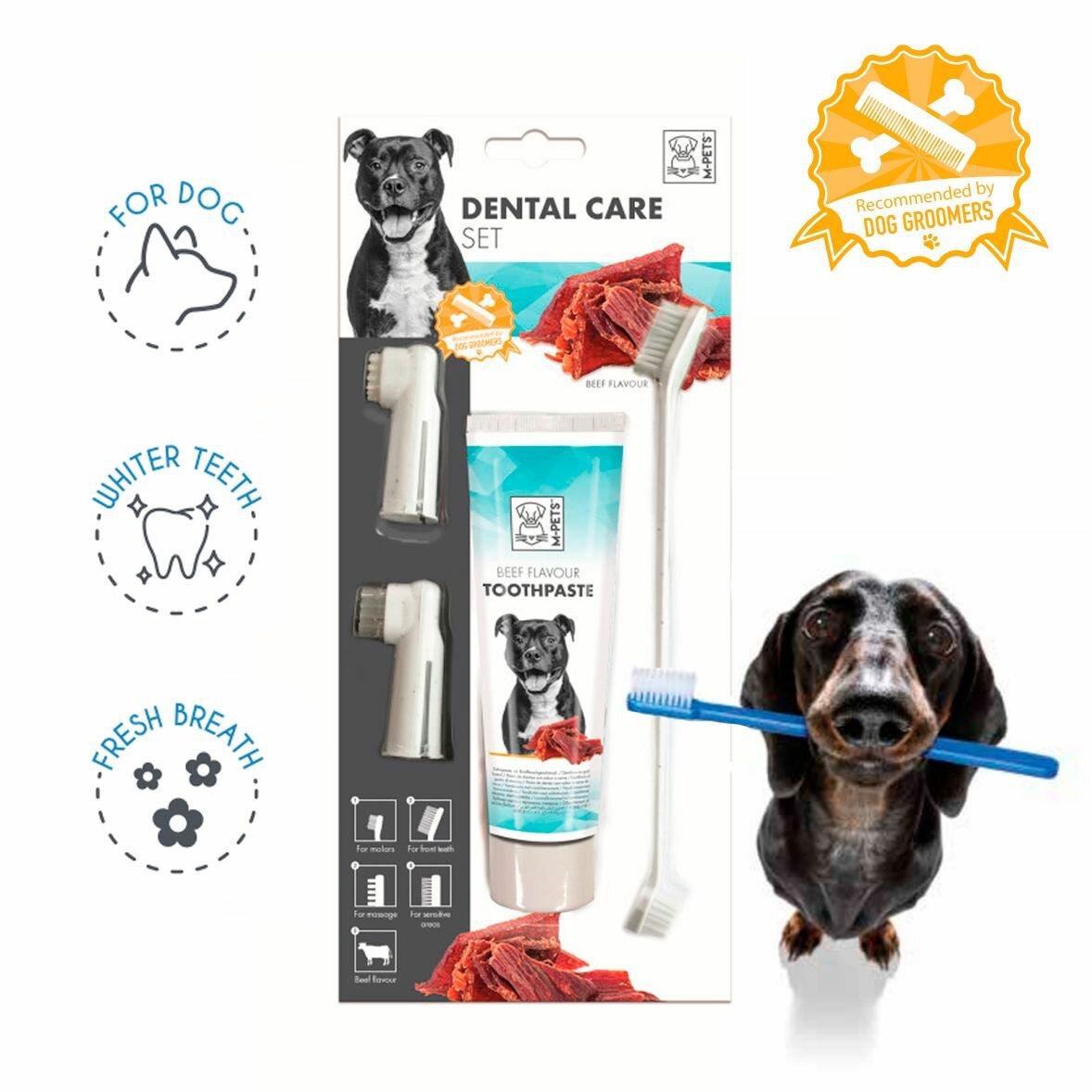 Набор для собак "Зубная паста + 4 зубные щетки", вкус Говядины, Mpets