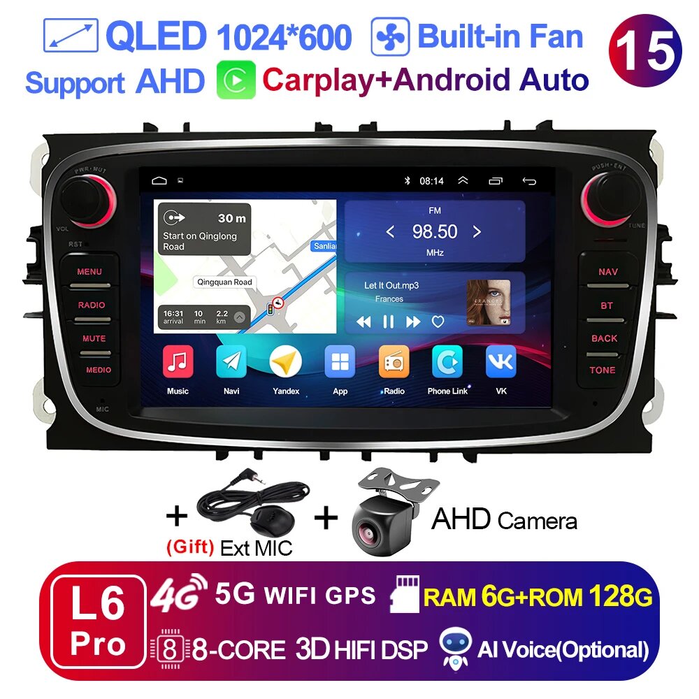 LEHX 4G HIFI Android 14 2 Din радио автомобильный мультимедийный плеер 7 дюймов авторадио gps carplay DVD для Ford Focus S-Max Mondeo Galaxy C-Max B-L6 Pro(6-128GB)CAM