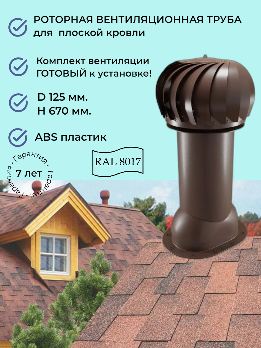 Роторный вентиляционный выход 150/125 мм. для готовой мягкой и фальцевой кровли, утепленный, Viotto RAL 8017 коричневый