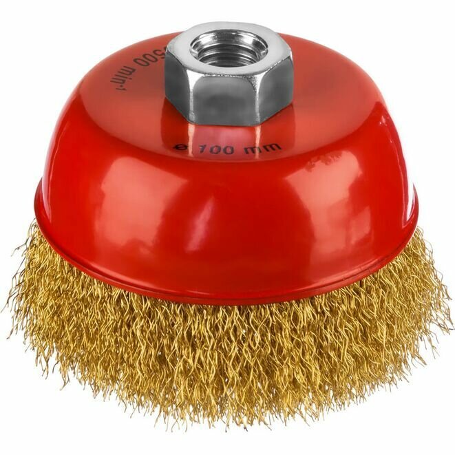 Щетка-крацовка чашечная для УШМ, MIRAX 100 мм, витая стальная латунированная проволока 0.3 мм