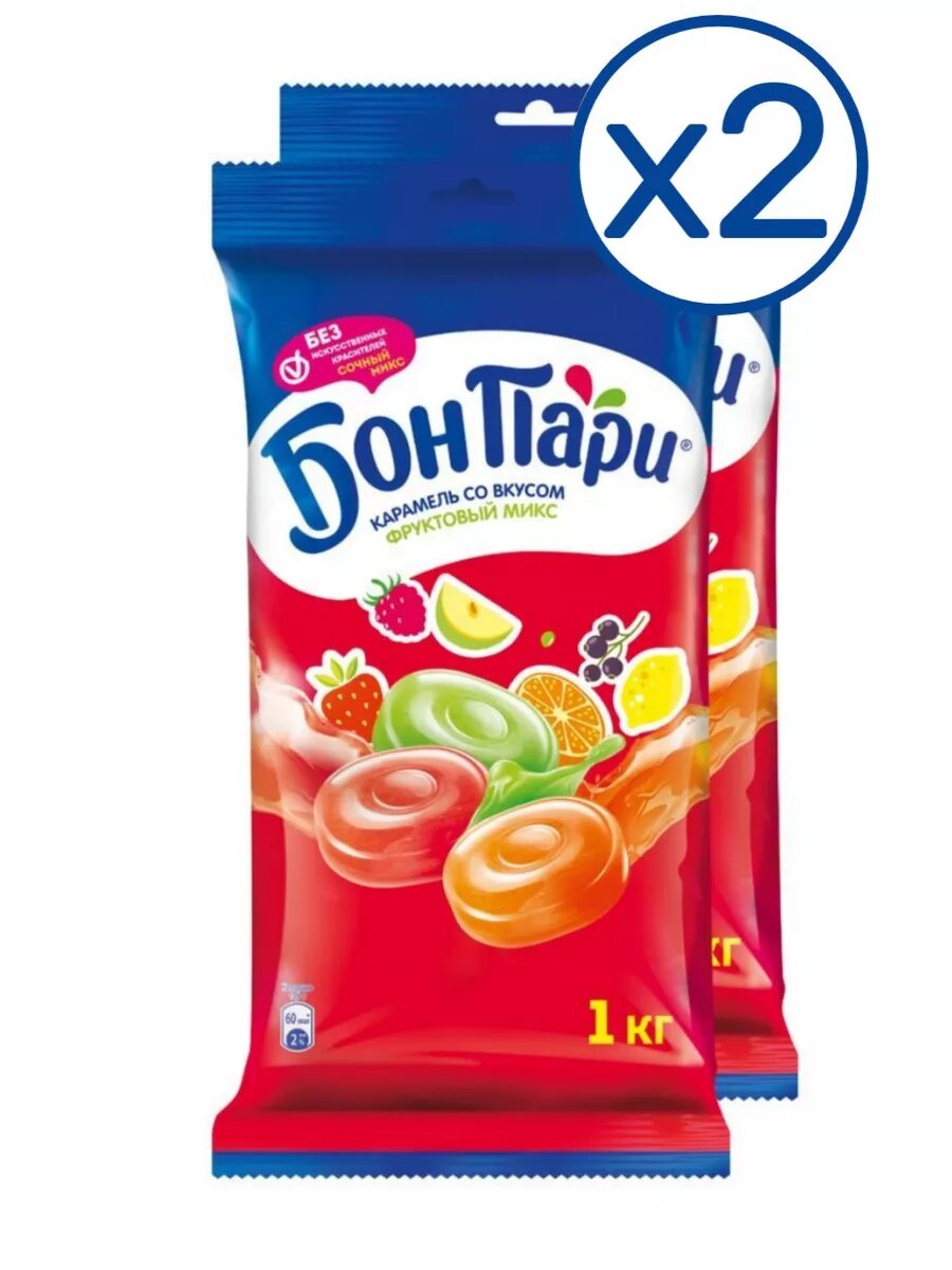 Фруктовые леденцы Бон Пари, ассорти, 1кг, 1000 г, в упаковке 2 шт