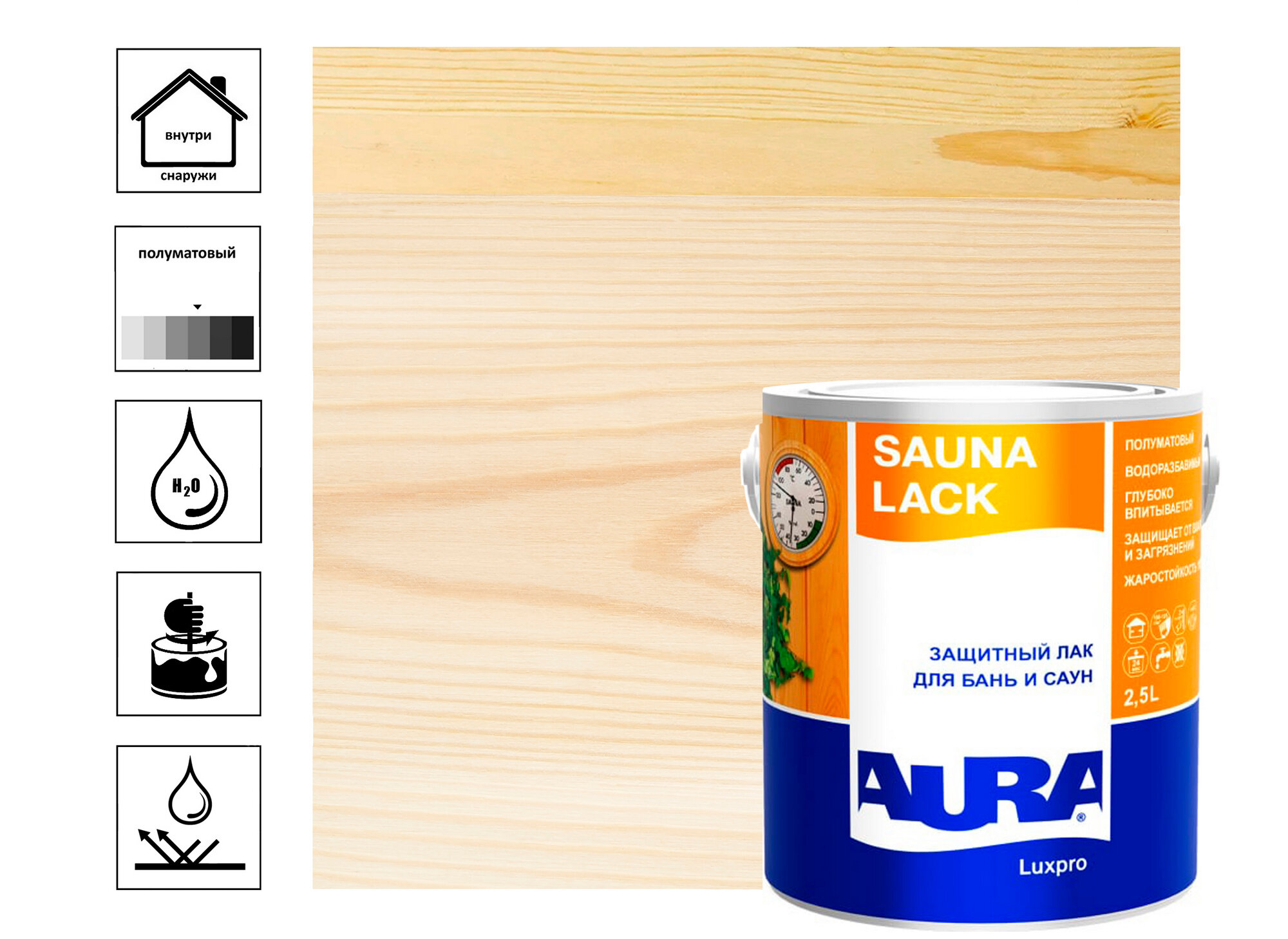 Лак Aura Sauna Lack ALL006, акриловый, для дерева, полуматовый, 2.5 л