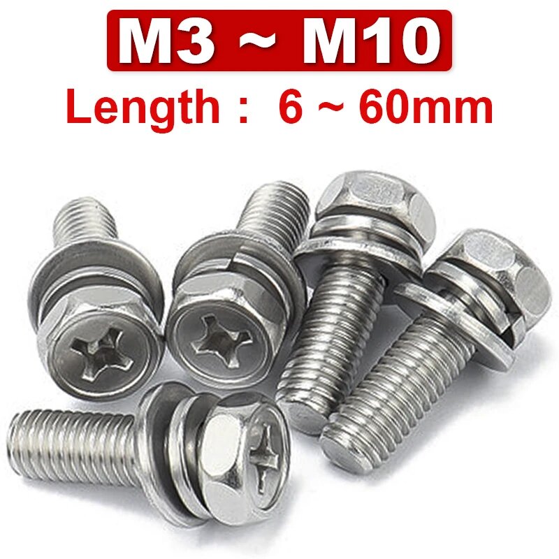 Комплект винтов 3 в 1 М3-М10 нержавеющая сталь 304 M6 (10Pcs), 14mm